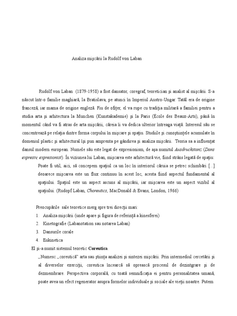 Analiza Miscarii La Rudolf Von Laban PDF | PDF