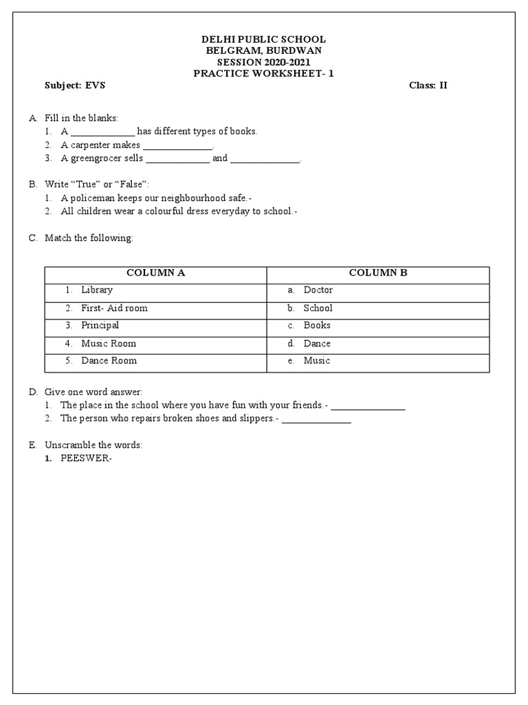 Delhi Public School Belgram, Burdwan SESSION 2020-2021 Practice ...