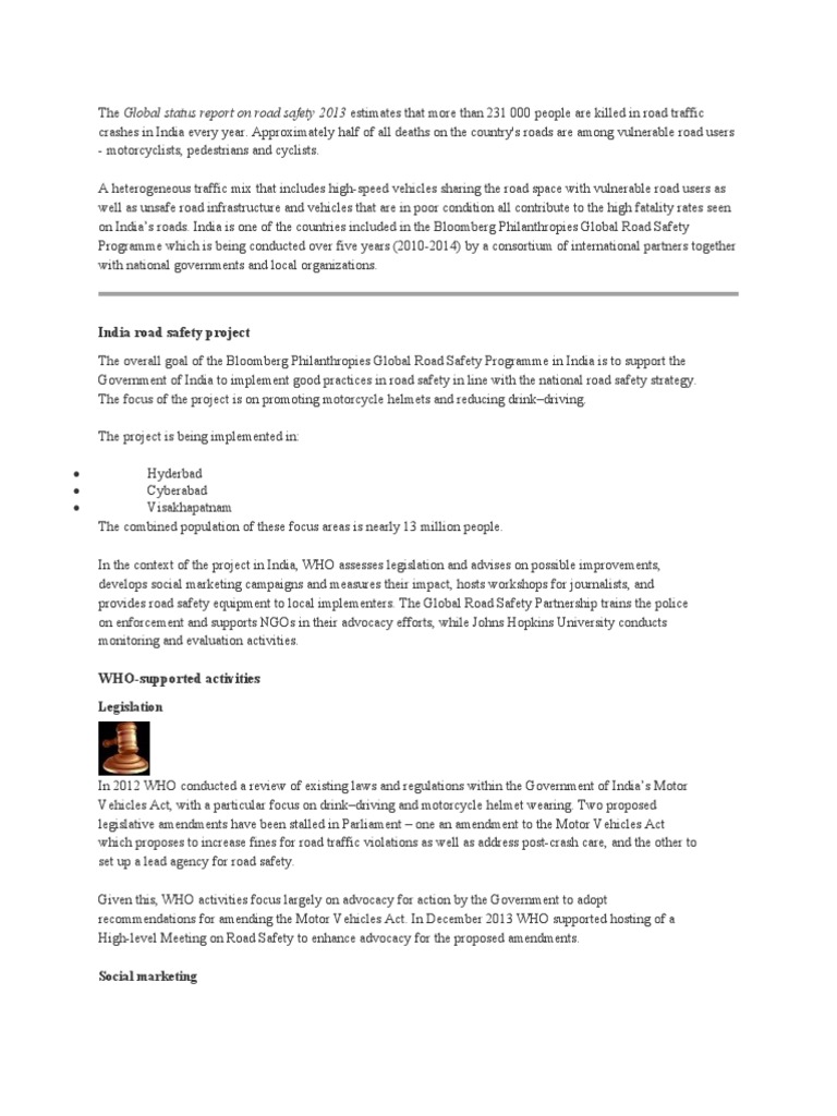 India Road Safety Project | PDF | Road Traffic Safety | World Health ...