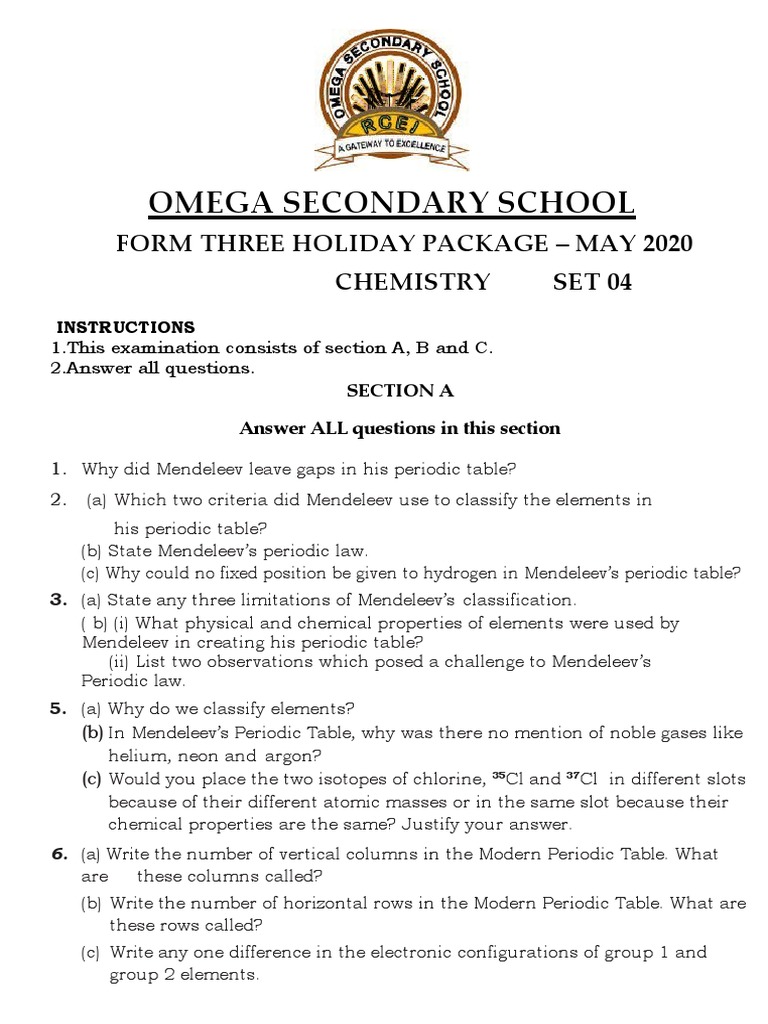 CHEMISTRY F3 SET 04 May 2020 PDF | PDF | Periodic Table | Valence (Chemistry)