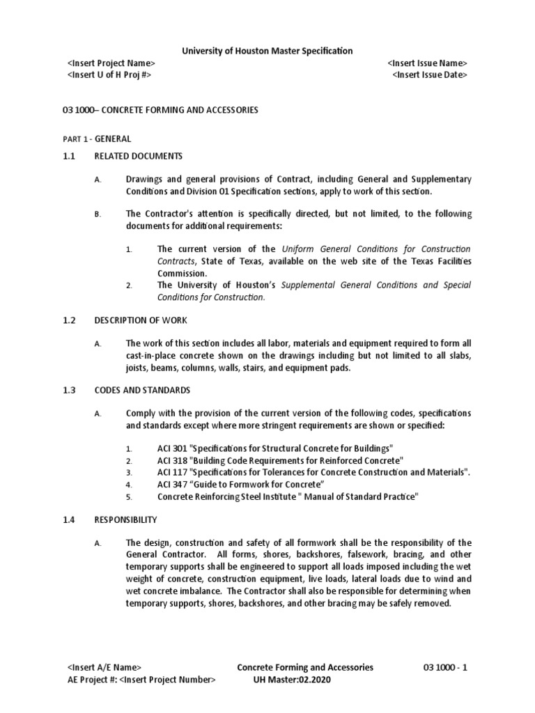 Part 1 - : University of Houston Master Specification | PDF | Concrete ...