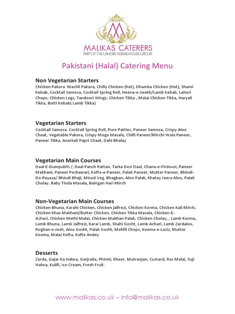 Pakistani (Halal) Catering Menu: Non Vegetarian Starters | PDF