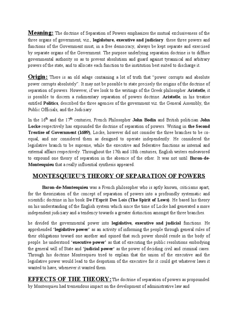 Montesquieu's Separation of Powers Theory | PDF | Separation Of Powers ...