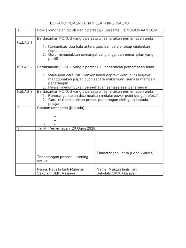 Borang Pemerhatian Learning Walks | PDF