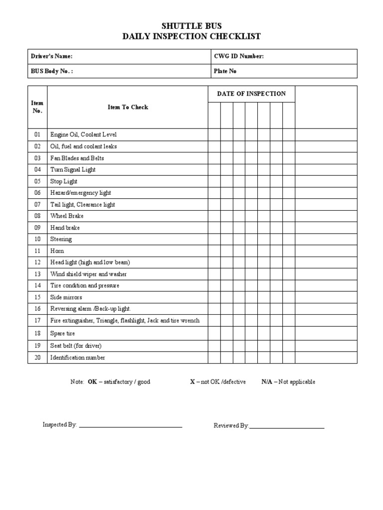 Daily Shuttle Bus Inspection Checklist | PDF
