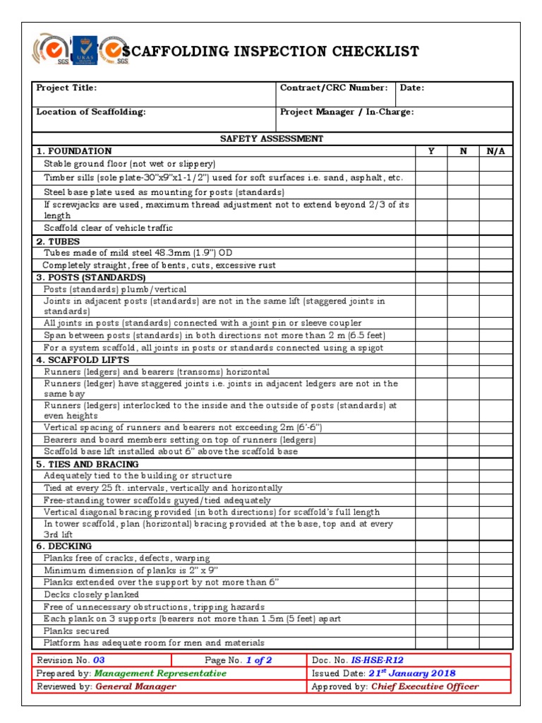 Scaffolding Inspection Checklist | PDF | Scaffolding | Equipment