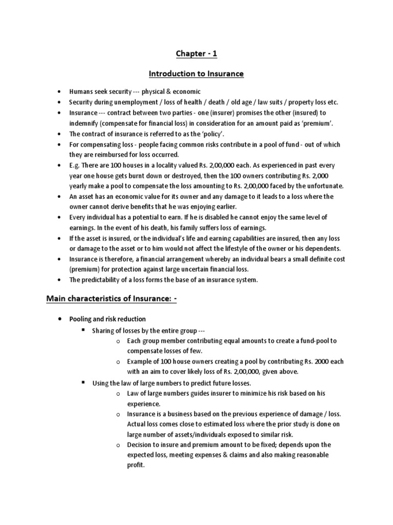 Chapter - 1 Introduction To Insurance: Pooling and Risk Reduction | PDF ...