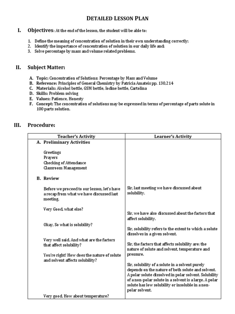 Chem Detailed Lesson Plan | PDF | Solution | Solubility