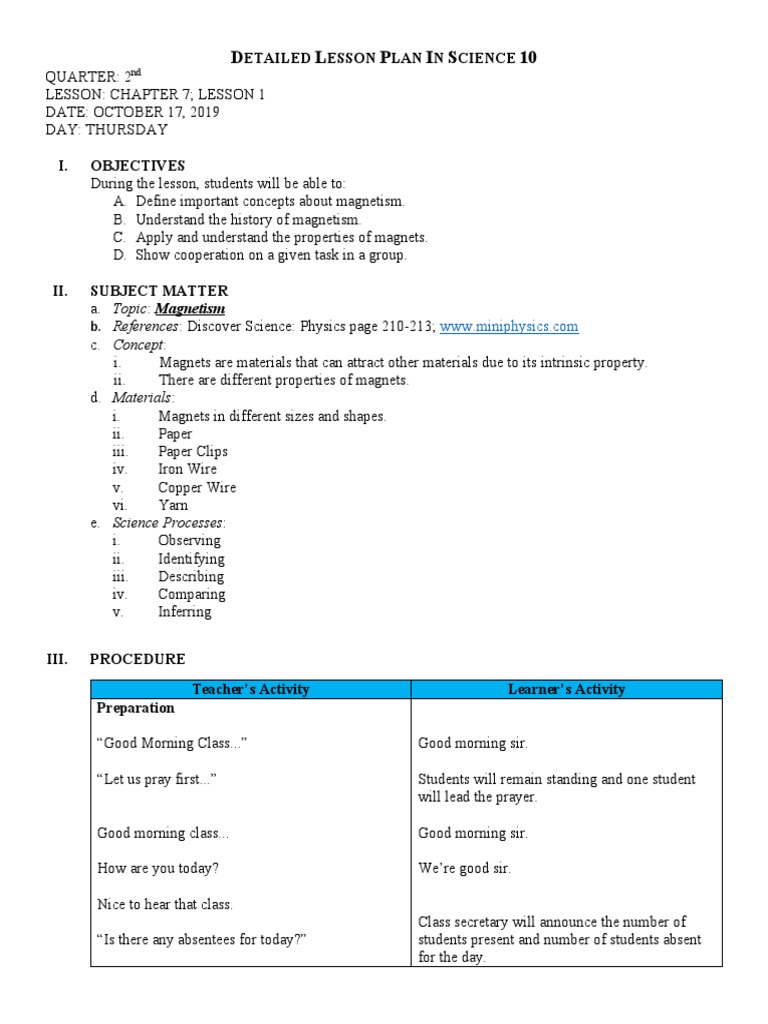Detailed Lesson Plan in Science 10 | PDF | Magnetism | Magnet