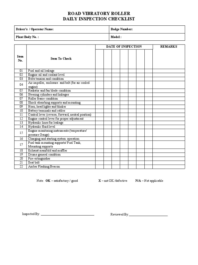 ROAD VIBRATORY ROLLER Daily Inspection Checklist | PDF