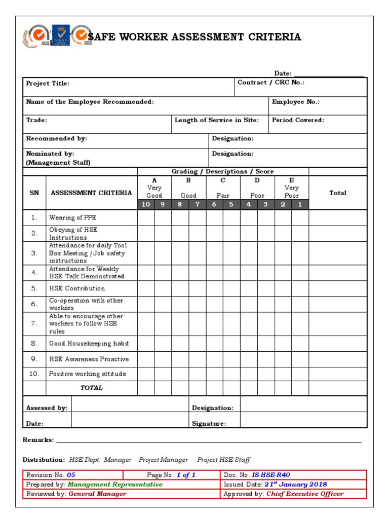 Safe Worker Assessment Criteria | PDF
