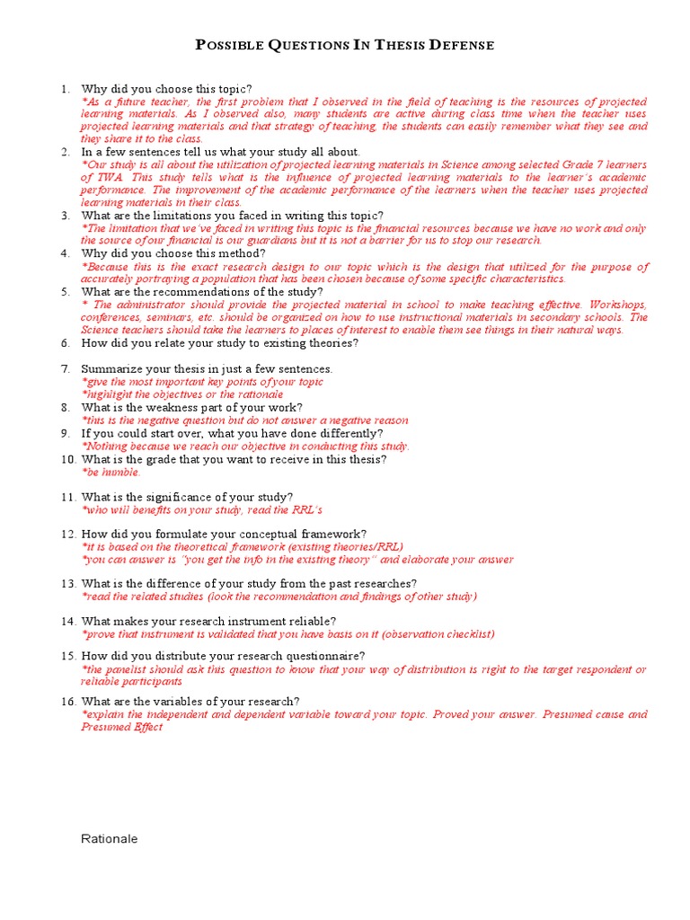 Possible Questions in Thesis Defensed | PDF | Thesis | Learning