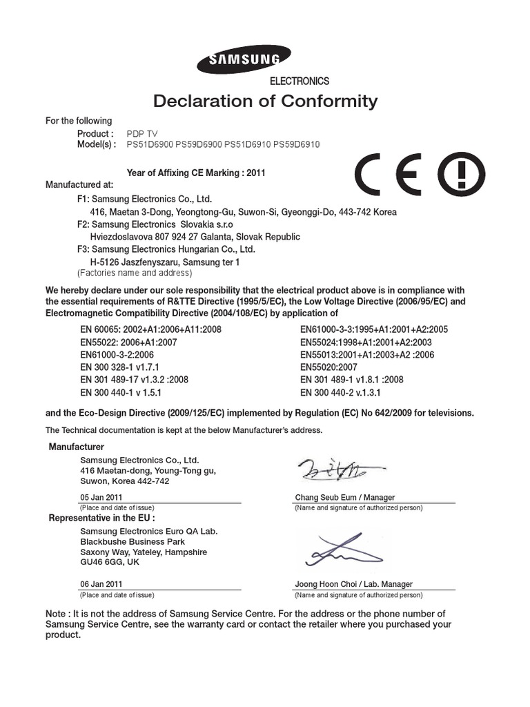 Declaration of Conformity: Electronics | PDF | Electronics ...