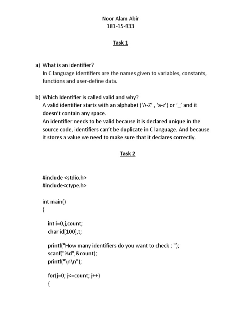In C Language Identifiers Are The Names Given To Variables Constants 7332