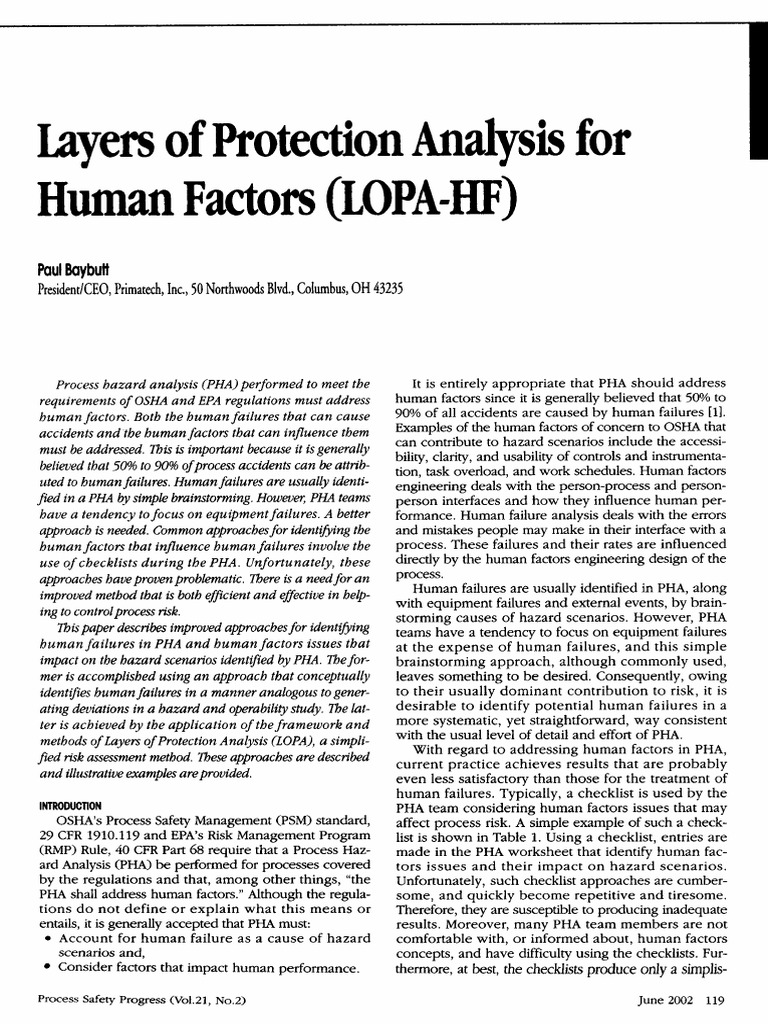 Layers of Protection Analysis For Human Factors (LOPA-HF) | PDF | Risk | Human Factors And ...