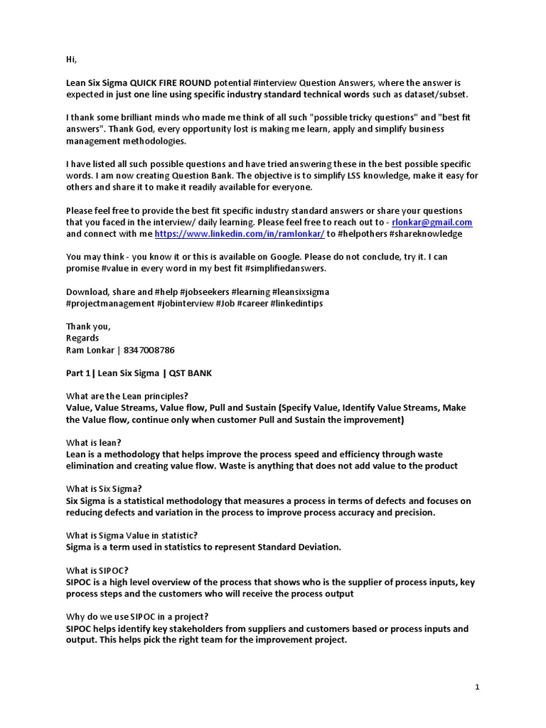 Lean Six Sigma - Quick Fire Interview Question Answers PDF | Download ...
