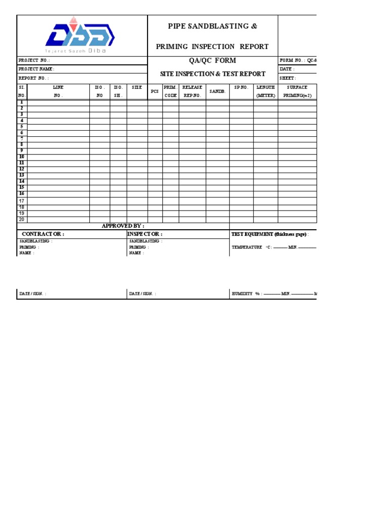 Pipe Sandblasting &: Priming Inspection Report Qa/Qc Form | PDF