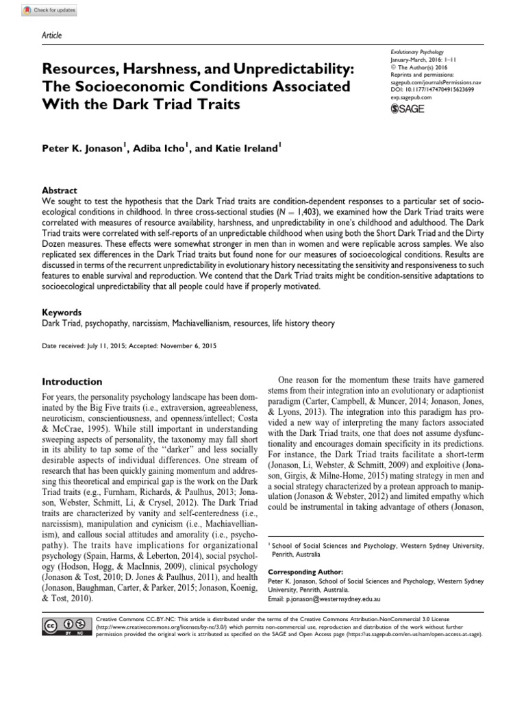 Dark Triad Traits and Socioecological Factors | PDF | Dark Triad ...