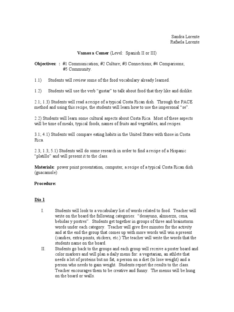 Vamos A Comer (Level: Spanish II or III) Objectives:: #1 Communication ...