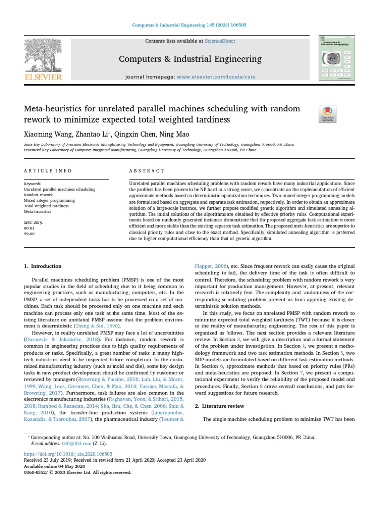 Computers & Industrial Engineering 145 (2020) 106505 | PDF | Genetic Algorithm | Theoretical ...