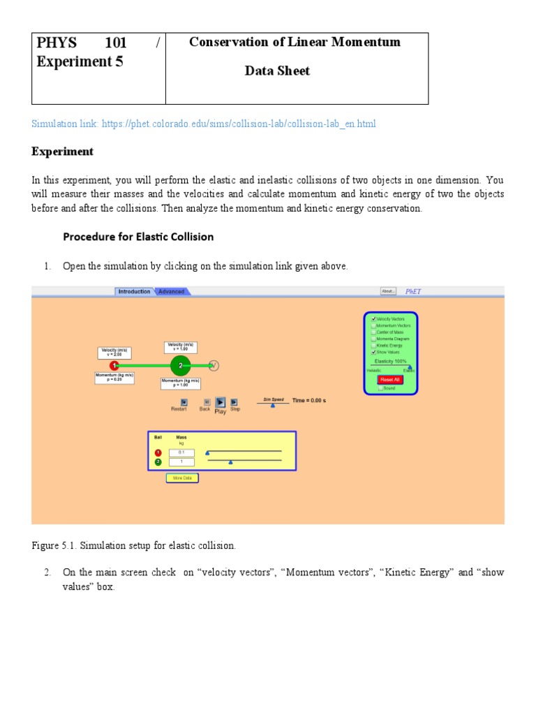 Phys 101 / Experiment 5: Conservation of Linear Momentum Data Sheet | PDF | Collision | Momentum