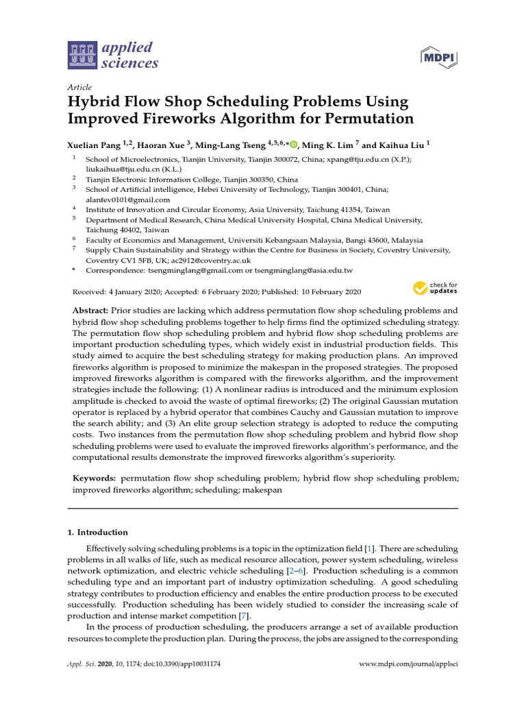 Applied Sciences: Hybrid Flow Shop Scheduling Problems Using Improved Fireworks Algorithm For ...