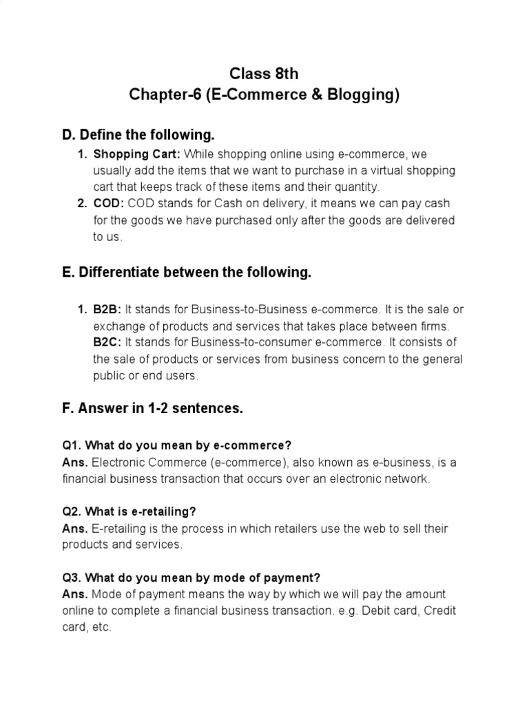 Class 8th Chapter-6 (E-Commerce & Blogging) : D. Define The Following ...
