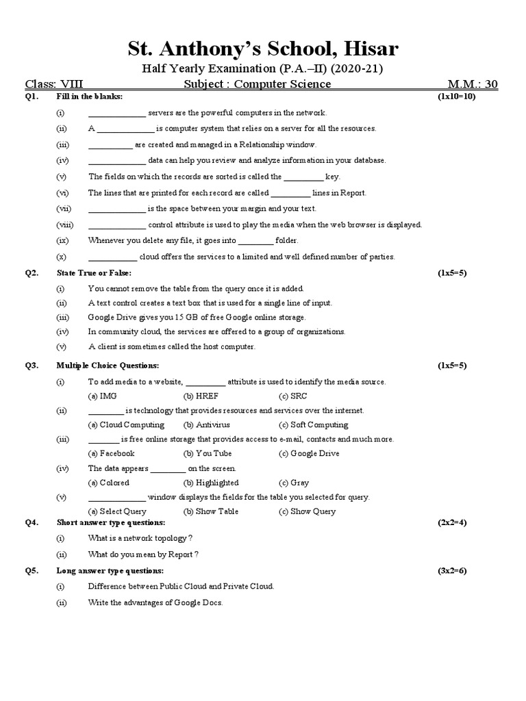 Class 8 Computer Science Exam Guide | PDF | Cloud Computing | Server ...