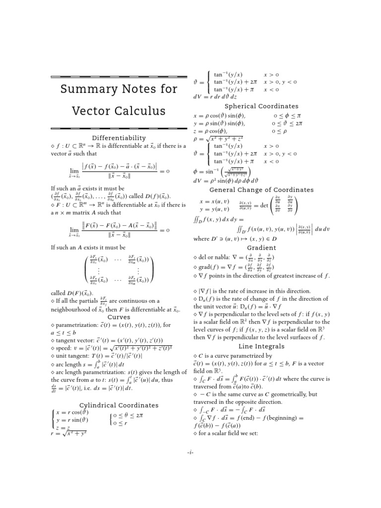 Vector Calculus Summary Notes | PDF | Teaching Methods & Materials