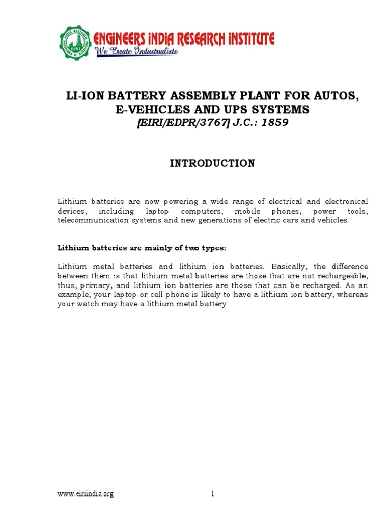 Project Report On Li-Ion Battery Assembly Plant For Autos, E-Vehicles ...