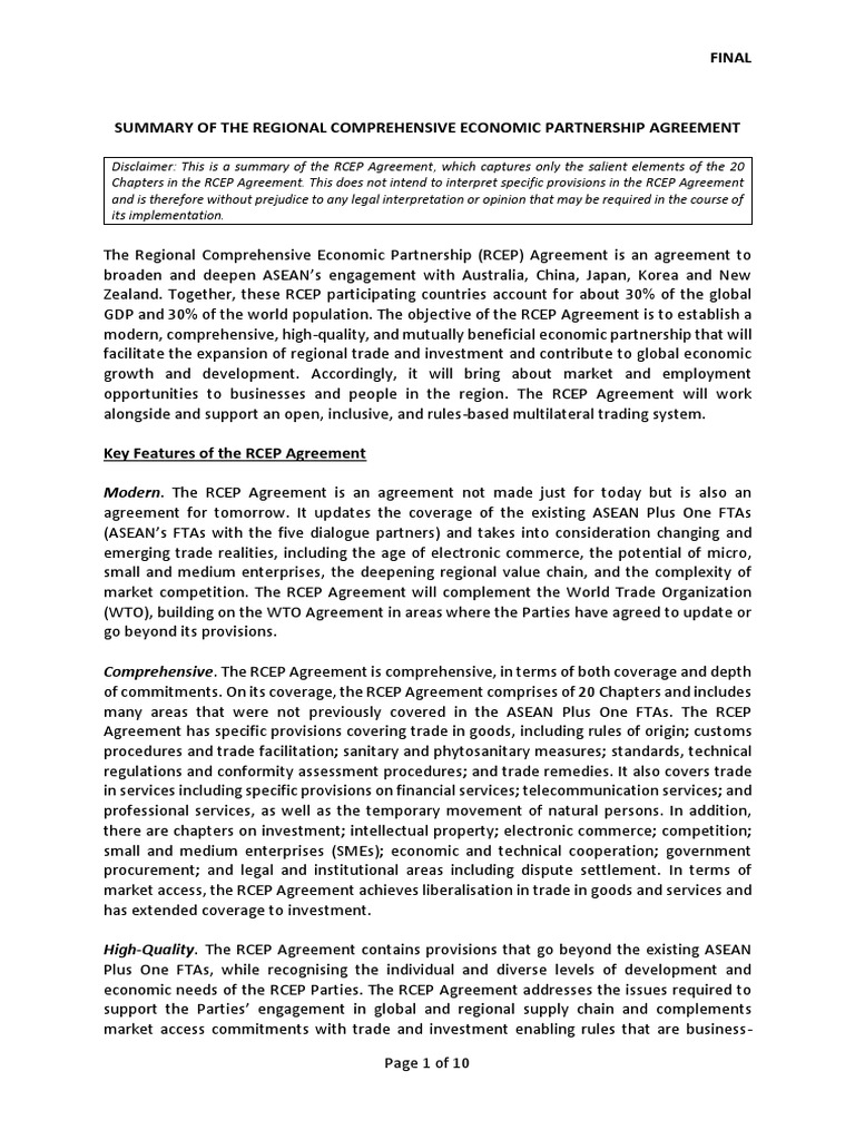 Summary of The RCEP Agreement PDF | PDF | Market Access | World Trade ...