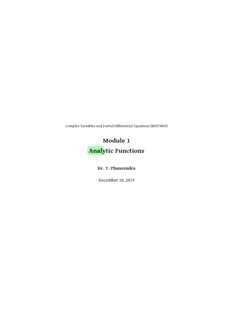 Analytic Functions: Complex Variables and Partial Differential Equations (MAT3003) | PDF ...
