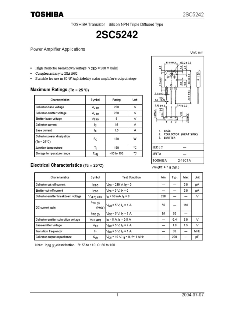 Toshiba 2SC5242 NPN Transistor Specs | PDF | Bipolar Junction ...