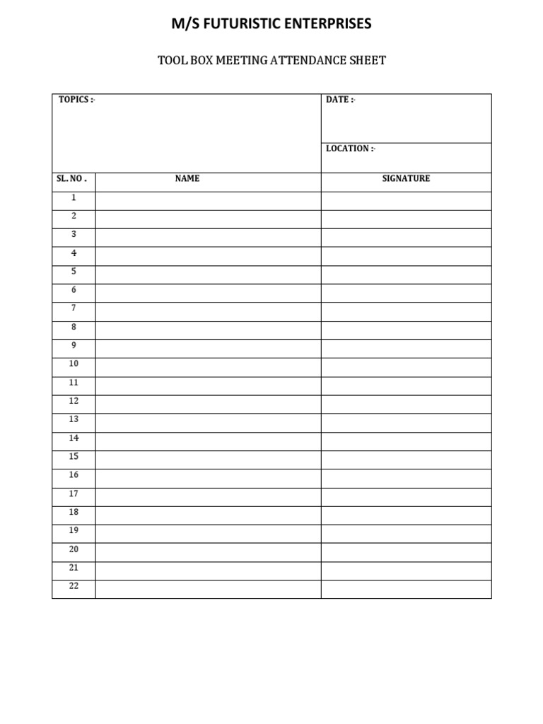 M/S Futuristic Enterprises: Tool Box Meeting Attendance Sheet | PDF