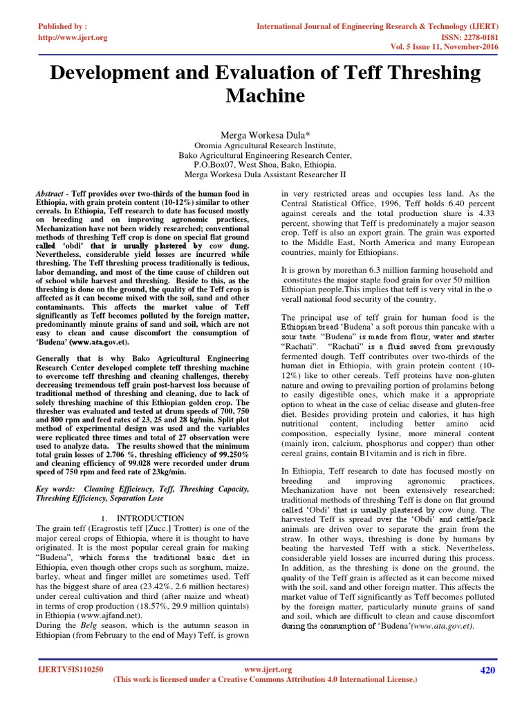 Teff Threshing Machine Development | PDF | Cereals | Agriculture