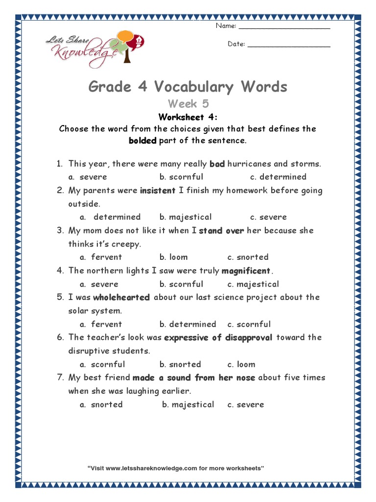 Grade 4 Vocabulary Worksheet | PDF