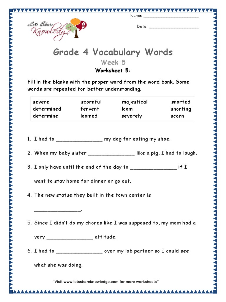 Grade 4 Vocabulary Week 5 Worksheet 5 | PDF