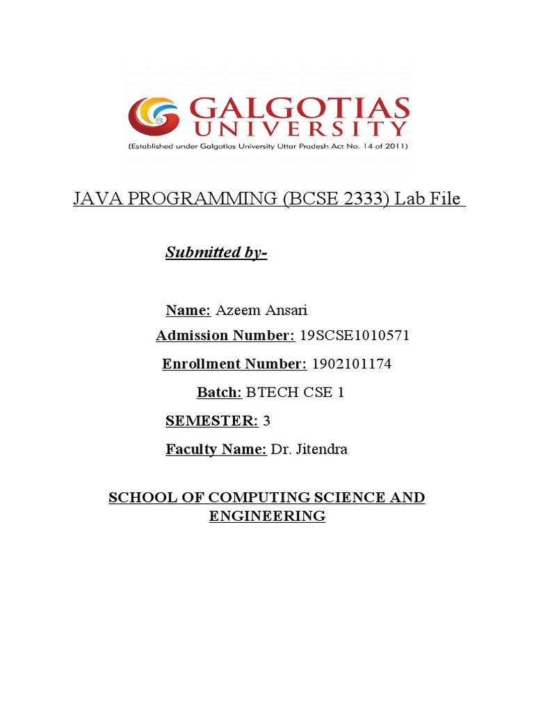 Java Programming (Bcse 2333) Lab File: Submitted by | PDF | Method ...