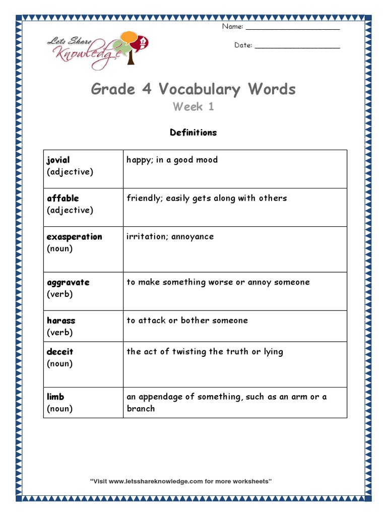Grade 4 Vocabulary Week 1 Definitions | PDF
