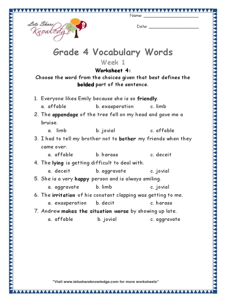 Grade 4 Vocabulary Week 1 Worksheet 4 PDF | PDF
