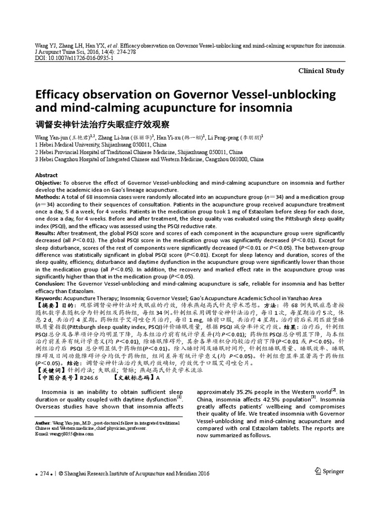 Efficacy Observation On Governor Vessel-Unblocking and Mind-Calming ...