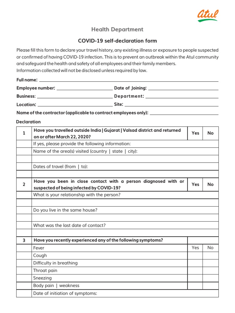 COVID-19 Self-Declaration Form - Atul Valsad | PDF | Health Sciences ...