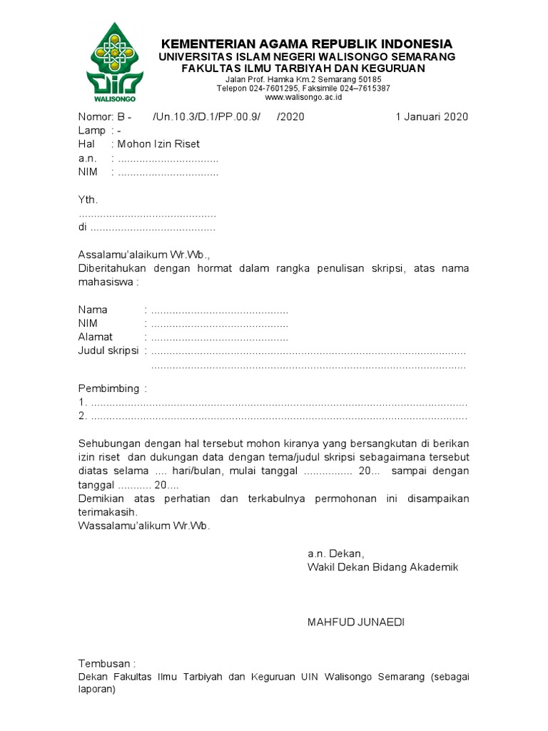 Surat Mohon Ijin Riset, - Surat Pra Riset - Surat Keterangan FITK-rev | PDF