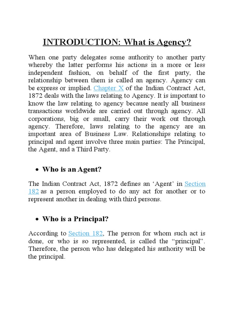 INTRODUCTION: What Is Agency?: Who Is An Agent? | PDF | Law Of Agency ...