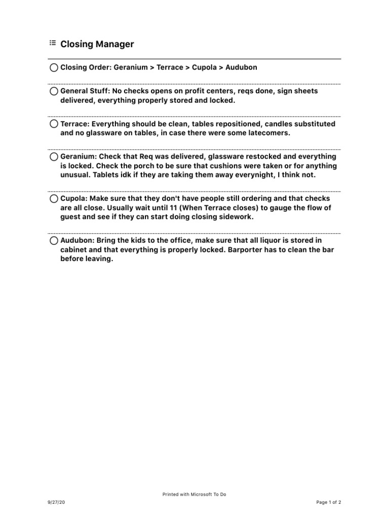 Closing Manager Beverage | PDF