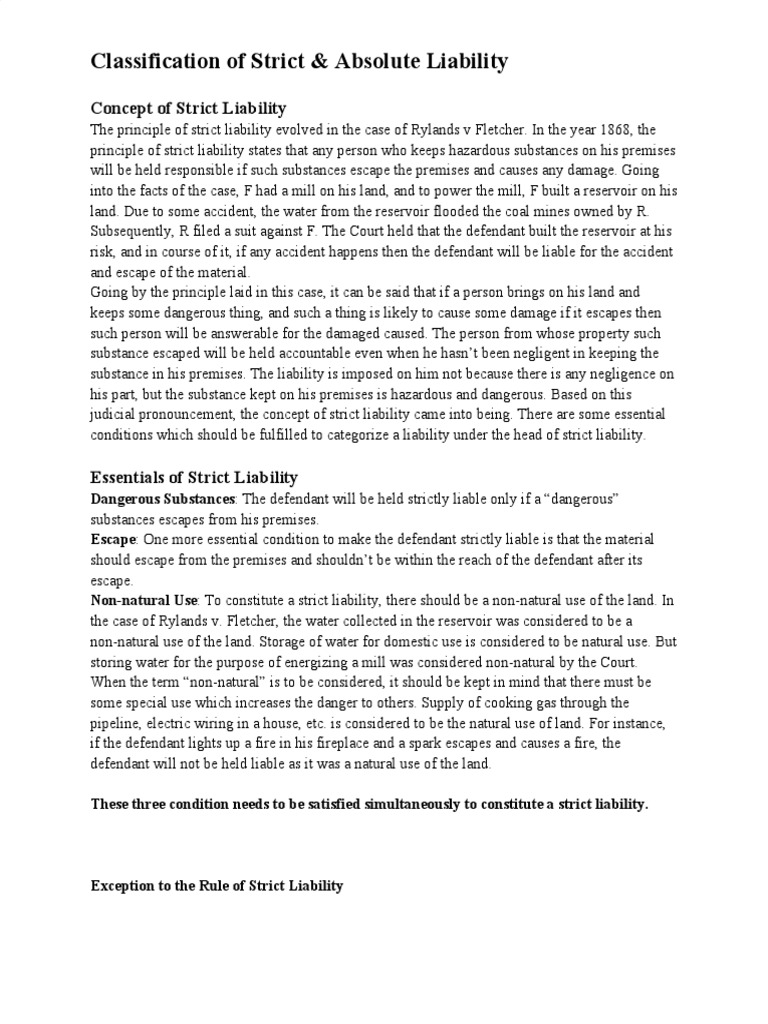 Classification of Strict & Absolute Liability PDF | PDF | Strict ...