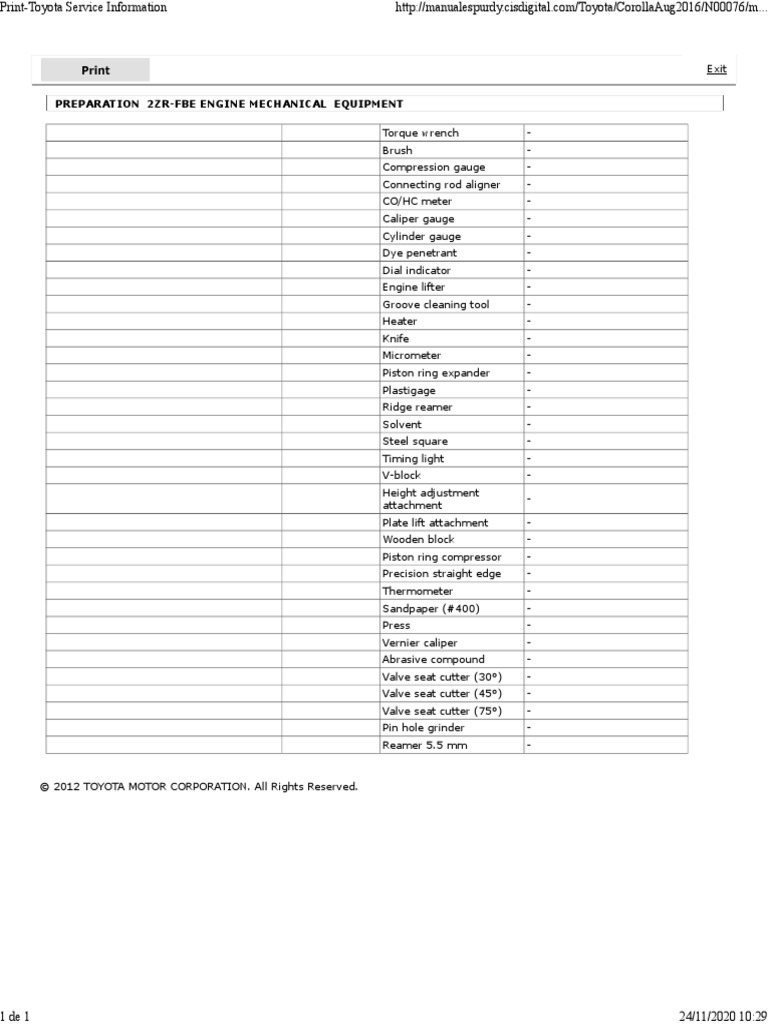 Preparation 2zr-Fbe Engine Mechanical Equipment | PDF | Piston | Tools