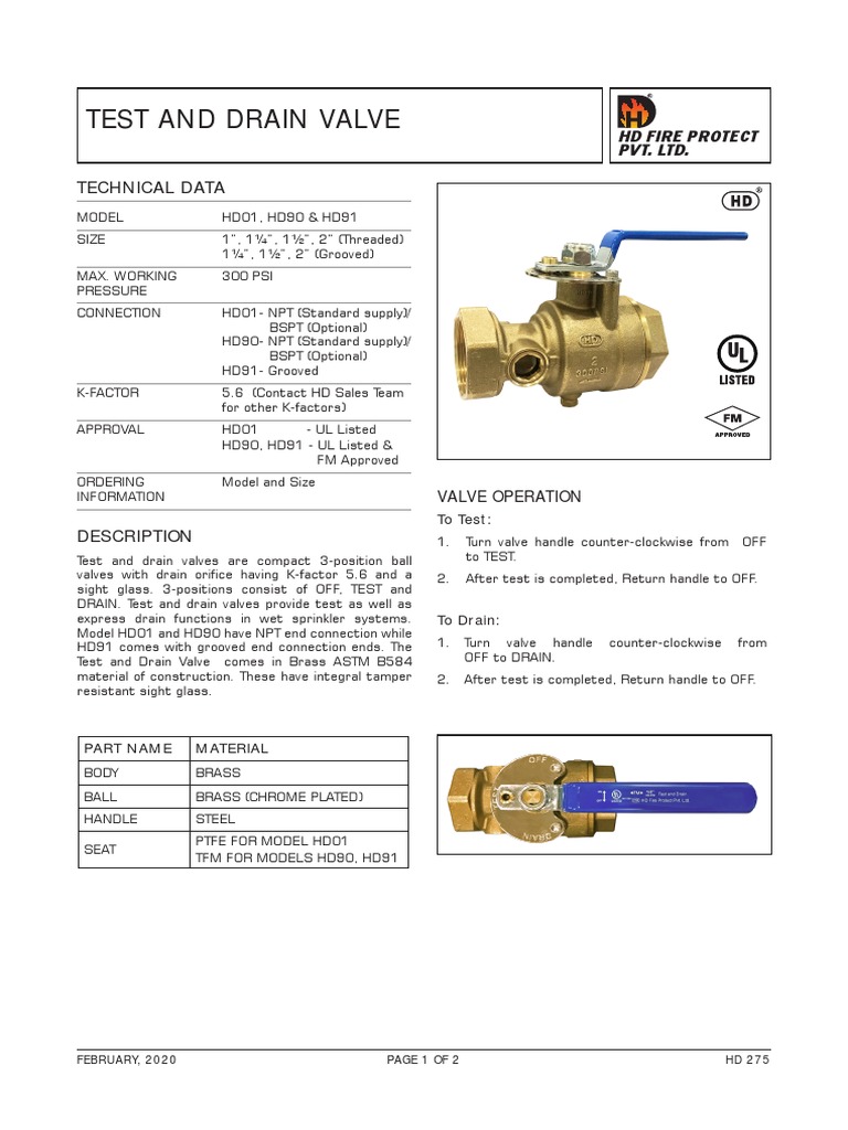 Test and Drain Valve: HD Fire Protect Pvt. Ltd. Technical Data | PDF ...