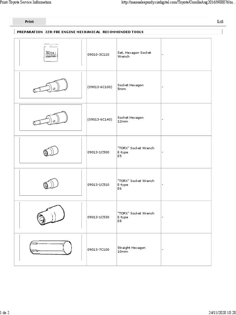 Preparation 2zr-Fbe Engine Mechanical Recommended Tools | PDF | Tools ...