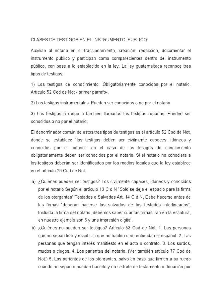 Clases de Testigos en El Instrumento Publico | PDF | Voluntad y ...
